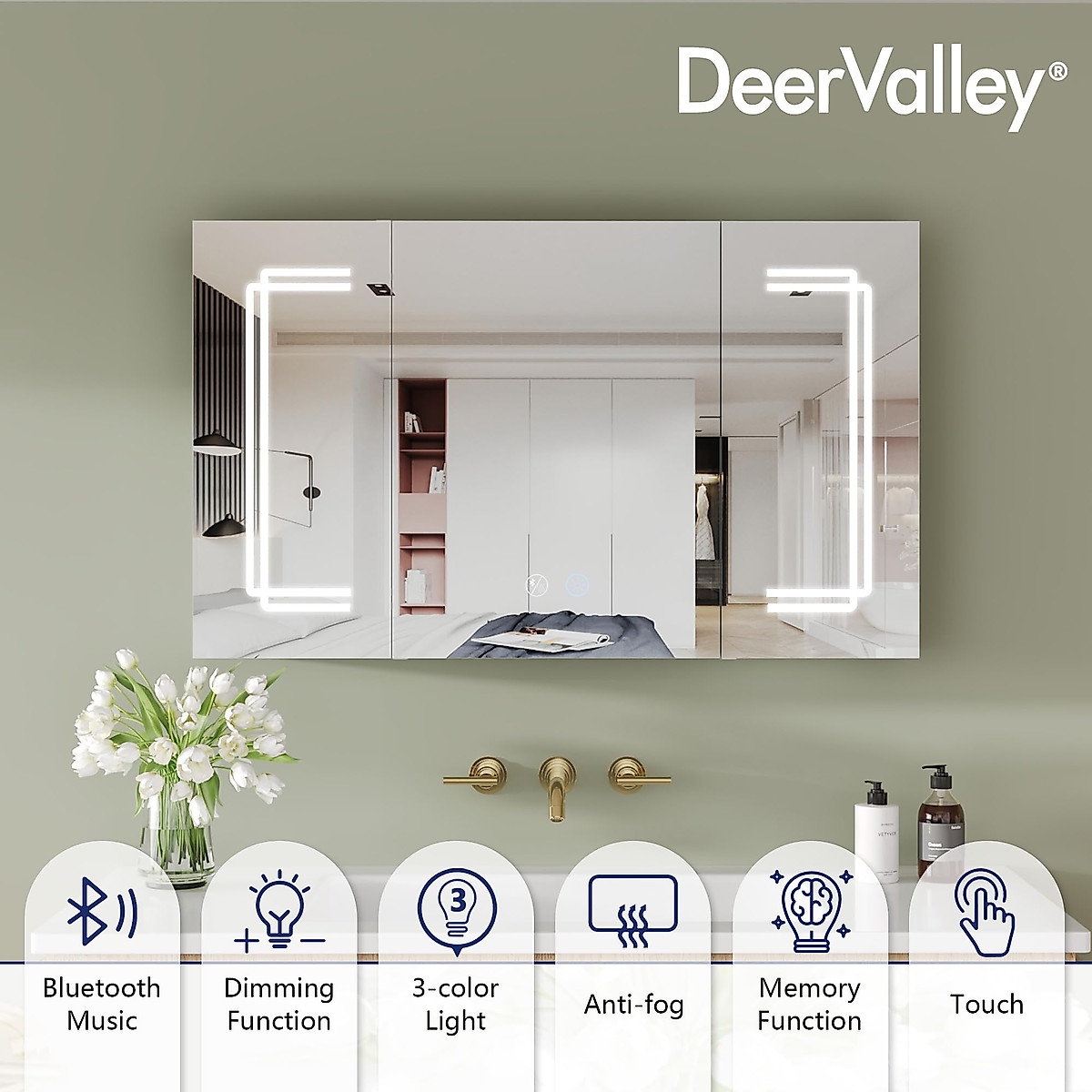 Deer Valley DV-1VM0238 Medicine Cabinets for Bathroom with Mirror, 39.97"x 23.62" Wall Mounted LED Medicine Cabinet Organizer with Defogger, Dimmer, Bluetooth Speaker, Three Doors