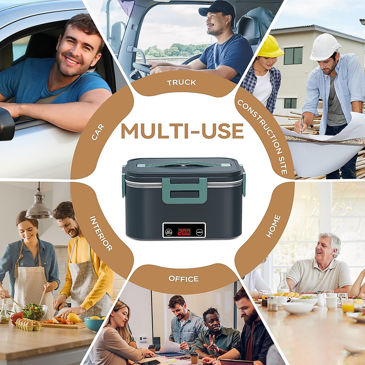 Electric Lunch Box Food Heater for Adults, 80W Heated Lunch Box with Digital Temperature Display,12V/24V/110V 1.8L Stainless Steel & 1L PP Fruit Container Portable Food Warmer LunchBox for Car/Work