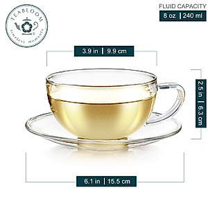 Teabloom Kyoto Teacup and Saucer Set 2-Pack – Medium Size – 8 OZ/ 240 ML Capacity – Crystal Clear Design – Premium Borosilicate Glass – Heat Resistant, Microwave Safe
