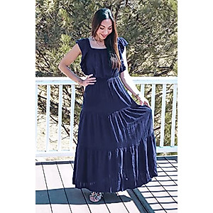 PRETTYGARDEN Women's Summer Bohemian Sleeveless Maxi Dress Square Neck Ruffle Flowy Long Sun Dress Wedding Guest Dress 2023 (Solid Navy, Medium)