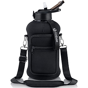 Fimibuke Half Gallon Water Bottle with Sleeve 64 OZ Water Bottle with Handle & Straw Leakproof Motivational Sports Gym Water Bottle with Time Marker BPA Free Water Jug with Neoprene Holder - Black