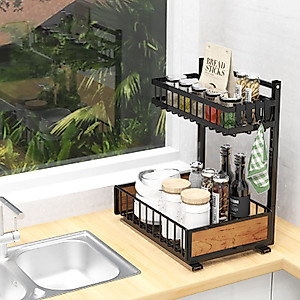 Under Sink Organizer, 2-Tier Pull Out Cabinet Organizer Under Kitchen Sink Organizer, Solid Wood Edge Beautiful-Use for Bathroom Laundry Kitchen
