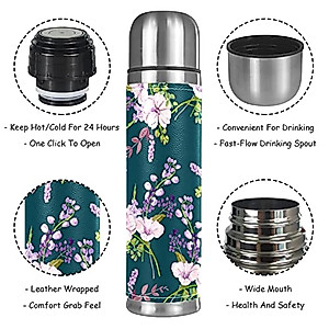 Stainless Steel Leather Vacuum Insulated Mug Flower Thermos Water Bottle for Hot and Cold Drinks Kids Adults 16 Oz