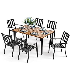 HERA'S HOUSE 7 Pieces Patio Dining Set, Outdoor Table and Chairs Set for 6, 60" Wood Look Table and 6 x Metal Patio Chairs for Backyard Lawn Garden Deck