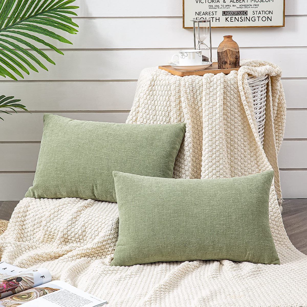 Lumbar Support Pillow Decorative Rectangle Throw Pillow Covers 12"x20" Inch Set of 2,Super soft Chenille Fall Pillowcase for Living Room Bedroom Sofa Couch Cushion Cover Green 30x50cm (No Insert)