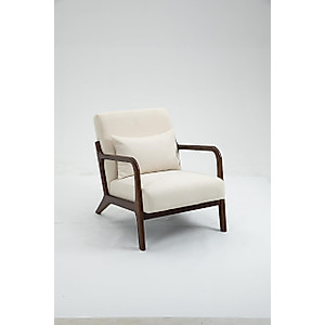 Prohon Mid Century Accent Solid Wood Frame & Waist Cushion, Comfy Upholstered Living Room Chairs, Lounge Reading Armchair for Bedroom Sunroom, Easy Assembly, White