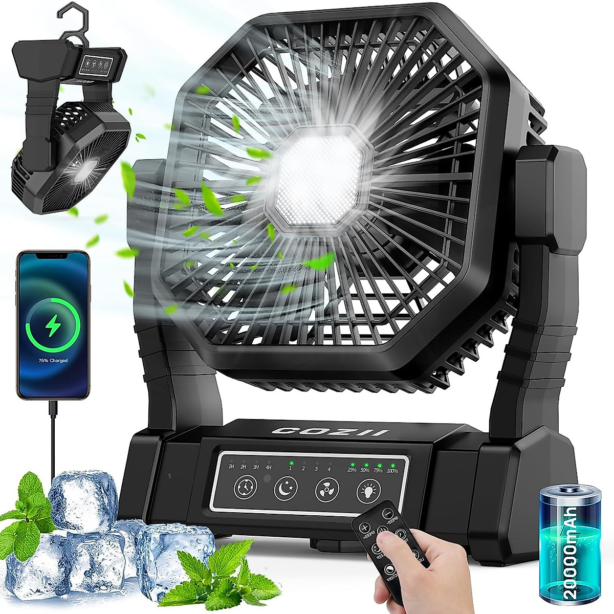 COZII 20000mAh Battery Operated Fan - Camping Fan Rechargeable with 3 Colors Light, 4 Speeds, 4 Timing, Adjustable Head, Portable Battery Powered Tent Fan with Hanging Hook for Picnic, BBQ