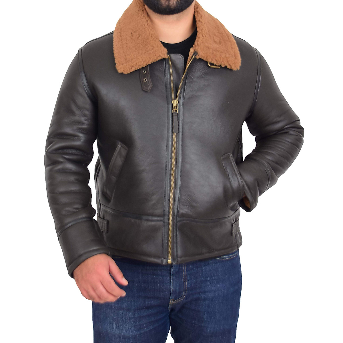 A1 FASHION GOODS Original Sheepskin Flying Jacket For Men B3 Bomber Aviator Pilots Shearling Coat Raptor (Brown/Ginger, Small)