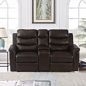 Manual Motion Reclining Loveseat Sofa Couch with Cup Holders and 2 Recliner Chaises,Faux Leather Upholstered Wall Hugger Sofa&Couch for Home Theater Apartment RV Living Room