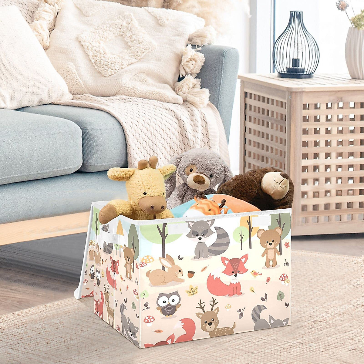 Large Collapsible Fabric Storage Bins with Lids 16.5*12.6*11.8in Cute Woodland Forest Animals Deer Rabbit Bear Fox Raccoon Bird Owl Foldable Storage Boxes Organizer Containers Baskets Cube for Shelves