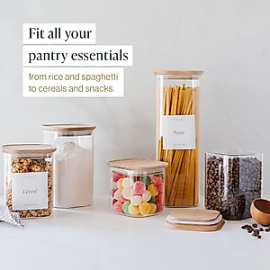 Bloom & Breeze Airtight Glass Pasta Containers for Pantry, Spaghetti Container, Glass Cereal Containers Storage, Rice Dispenser, Square Glass Storage Acacia Lids, Pack of 5