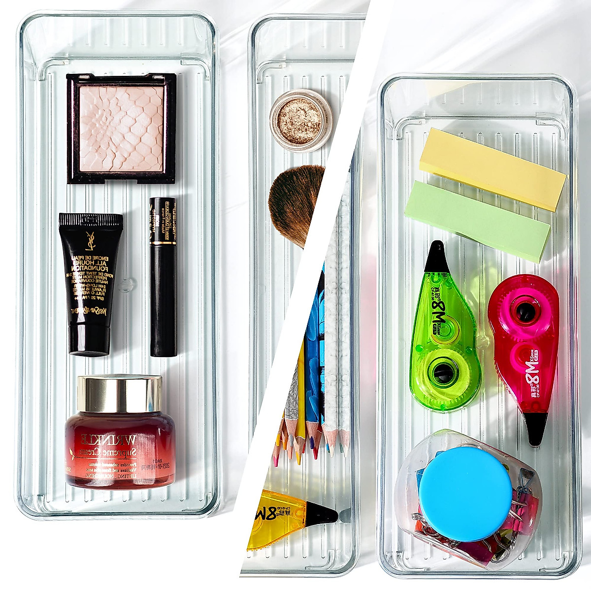 Qilinba 8 PACK Clear Stackable Drawer Organizer Bins, Plastic Organizer Bins for Cutlery Vanity Storage Tray for Bathroom Kitchen Office Desk Organizing