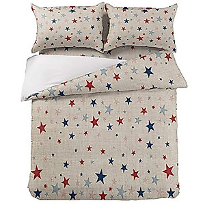 Vintage Stars on Beige Linen Duvet Cover Set Cali King,4 Pieces Blue Red Star Independence Day Bed Sheet Sets Soft Comforter Cover with Flat Sheet 2 Pillow Shams for Man/Woman 4th of July