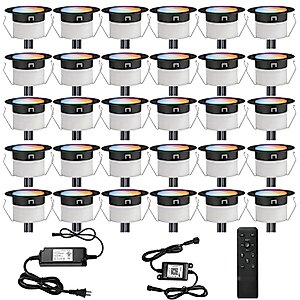 FVTLED LED Deck Lights Kit, 30pcs Φ1.22 WiFi Smart Phone Control Low Voltage Recessed RGBW Deck Lighting Waterproof Outdoor Yard Path Stair Decor, Black
