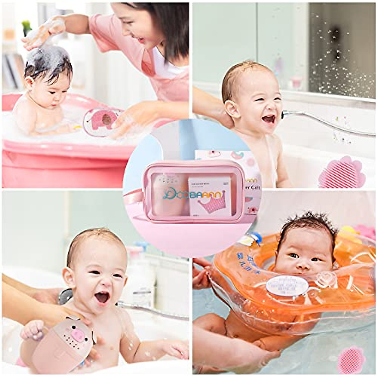 DOOBAANN Baby Bath Set,Silicone Bath Brush,Baby Shower Cap,Bath Rinse Cup,Baby Bath Sponge(Pink)