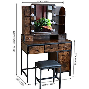 Vocuer Vanity Table with Lighted Mirror, Makeup Vanity Desk with 3 Makeup Drawer, 2 Shelves, 8 Led Makeup Light & Vanity Stool, Vanity Mirror with Lights and Table Set, Makeup Desk Dressing Table