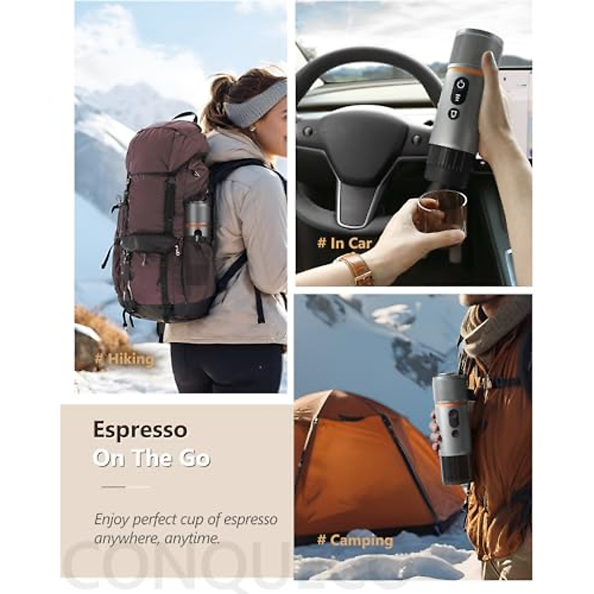 CONQUECO Portable Espresso Coffee Machine: 12V Electric Small Travel Expresso Maker - Self Heating 8 Cups Battery Powered Compatible for Nespresso Capsule - for Camping RV Hiking Office (w/Handbag)