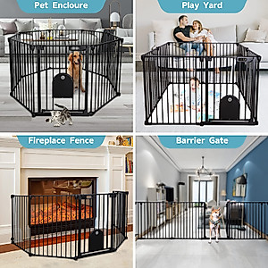149-Inch Super Wide Adjustable Baby Gate and Play Yard, 4-in-1, Safety Playpen - Fireplace Fence for Toddler/Pet/Dog,Bonus Kit, Includes 4 Pack of Wall Mounts (6 Panels(30"-149"), Black)