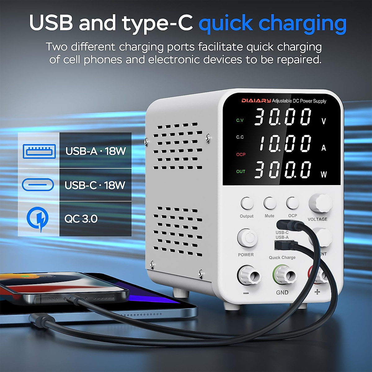 DC Power Supply Variable, 30V 10A Bench Power Supply with Encoder Knob, 4-Digits Display, Adjustable Regulated lab Power Supply with 5V 3.6A USB & Type-C Quick-Charge, Output Switch (30V 10A)