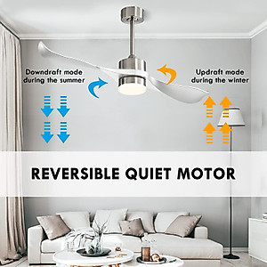 WINGBO 52" DC Ceiling Fan with Lights and Remote, Brushed Nickel and Silver Ceiling Fan, 2 Curved ABS Plastic Blades, 6-Speed DC Motor, Modern Ceiling Fan for Kitchen Bedroom Living Room, ETL Listed