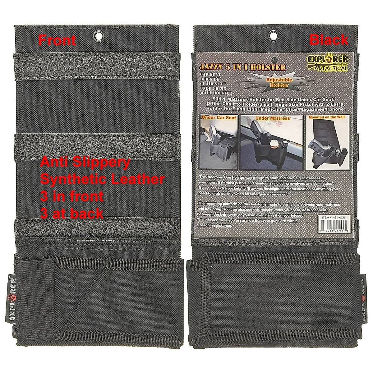 GVN Explorer Adjustable Size Mattress Bed Handgun Holster for Under Vehicle Seat, Office Seat Concealed Handgun Holster with Tactical Flashlight