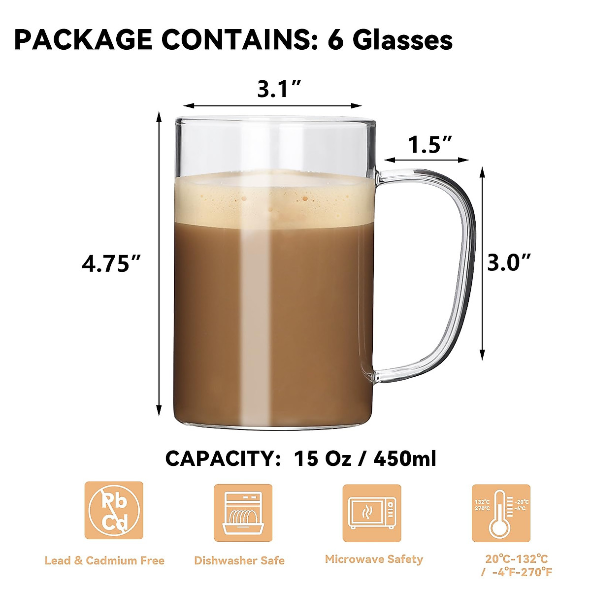 Trwcrt 15 oz Glass Coffee Mug Set of 6, Clear Coffee Mugs with Handle for Hot Beverages, Large Wide Mouth Glass Cup for Latte, Cappuccino, Hot Chocolate, Tea and Juice