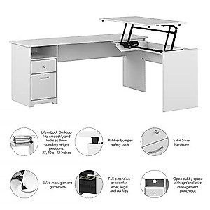 Bush Furniture L Shaped Desk with Drawers and Lift-n-Lock | Cabot Collection Sit to Stand Corner Table with Storage, 60W, White