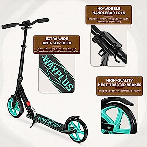 WAYPLUS Kick Scooter for Ages 6+,Kid, Teens & Adults. Max Load 240 LBS. Foldable, Lightweight, 8IN Big Wheels for Kids, Teen and Adults, 4 Adjustable Levels. Bearing ABEC9