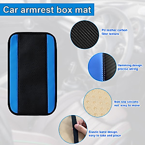 BESULEN Car Armrest Storage Box Cover, PU Leather Waterproof Non Slip Center Console Pad, Universal Carbon Fiber Arm Rest Seat Box Mat, Car Interior Accessories for Most Vehicle SUV Truck (Blue)