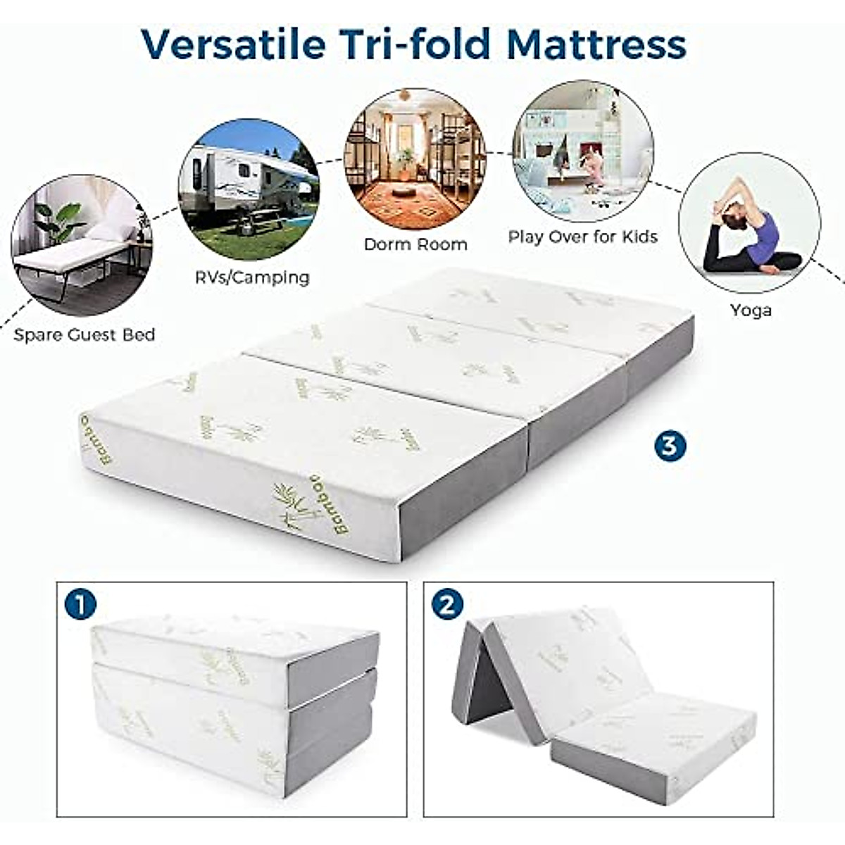 Inofia Folding Mattress, 6 Inch Trifold Memory Foam Mattress with Ultra Soft Bamboo Cover, Non-Slip Bottom & Breathable Mesh Sides, Foldable & Portable - Single Size (75" x 25" x 6")