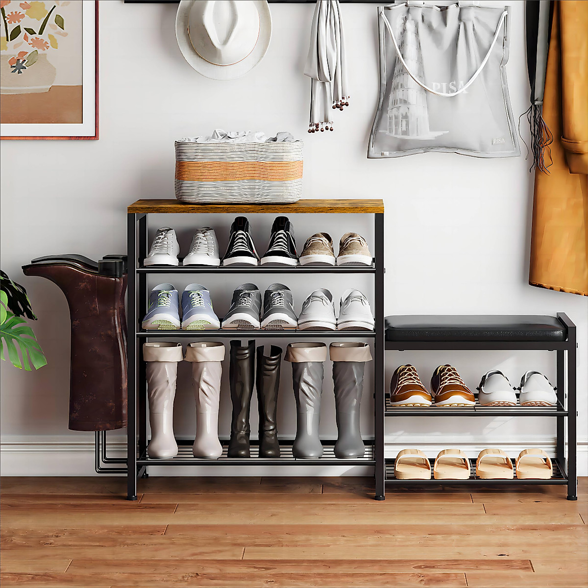 X-cosrack Stylish 5-Tier Shoe Rack Bench with Seat and Boot-Hanging- Entryway Storage Organizer in Industrial Design Brown Black