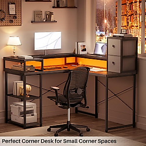armocity L Shaped Desk with Drawers, Reversible Corner Computer Desk with LED Light & Power Outlet, 50'' L-Shaped Gaming Desk with Long Monitor Shelf, Home Office Desk for Small Corner Space, Grey