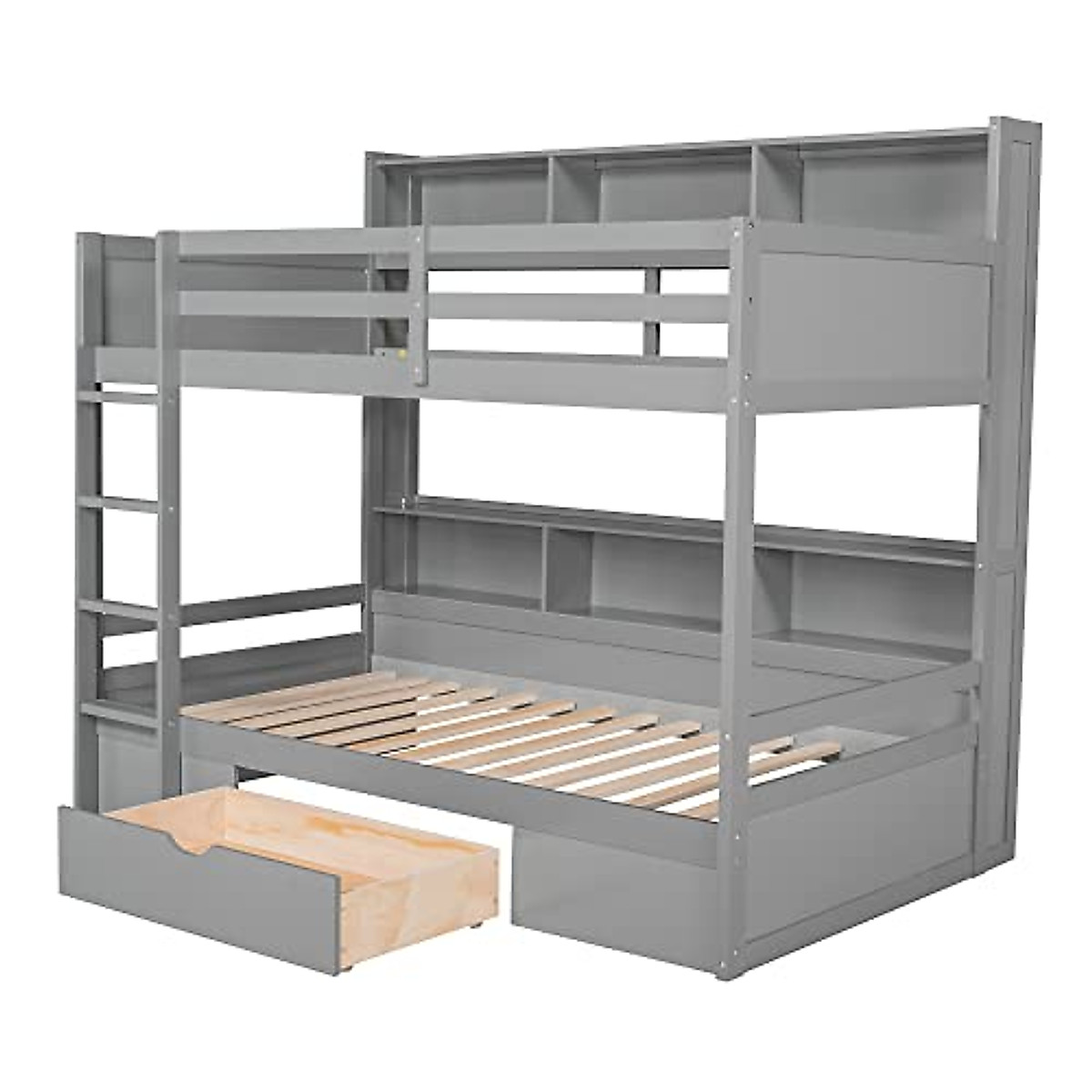 Merax Twin Size Bunk Bed with Built-in Shelves Beside Both Upper and Down Bed and Storage Drawer, Twin Over Twin Solid Wood Bed Frame for Teens, Grey