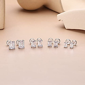 Stud Earrings for Women, S925 Sterling Silver 14K White Gold Plated Hypoallergenic Stud Earrings Emerald Cut Cubic Zirconia Sterling Silver Stud Earrings for Women Men