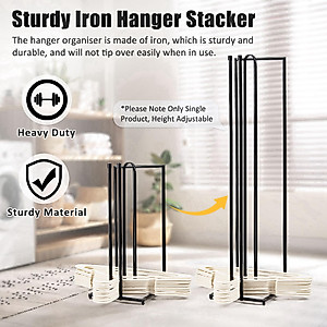 HONZUEN Hanger Stacker Metal, Height-Adjustable Hanger Storage Organizer Hold up to 120 Velvet Hangers, Hanger Organizer Stacker Stand for Closet and Laundry, Clothes Hanger Holder Space Saver 1 Pack