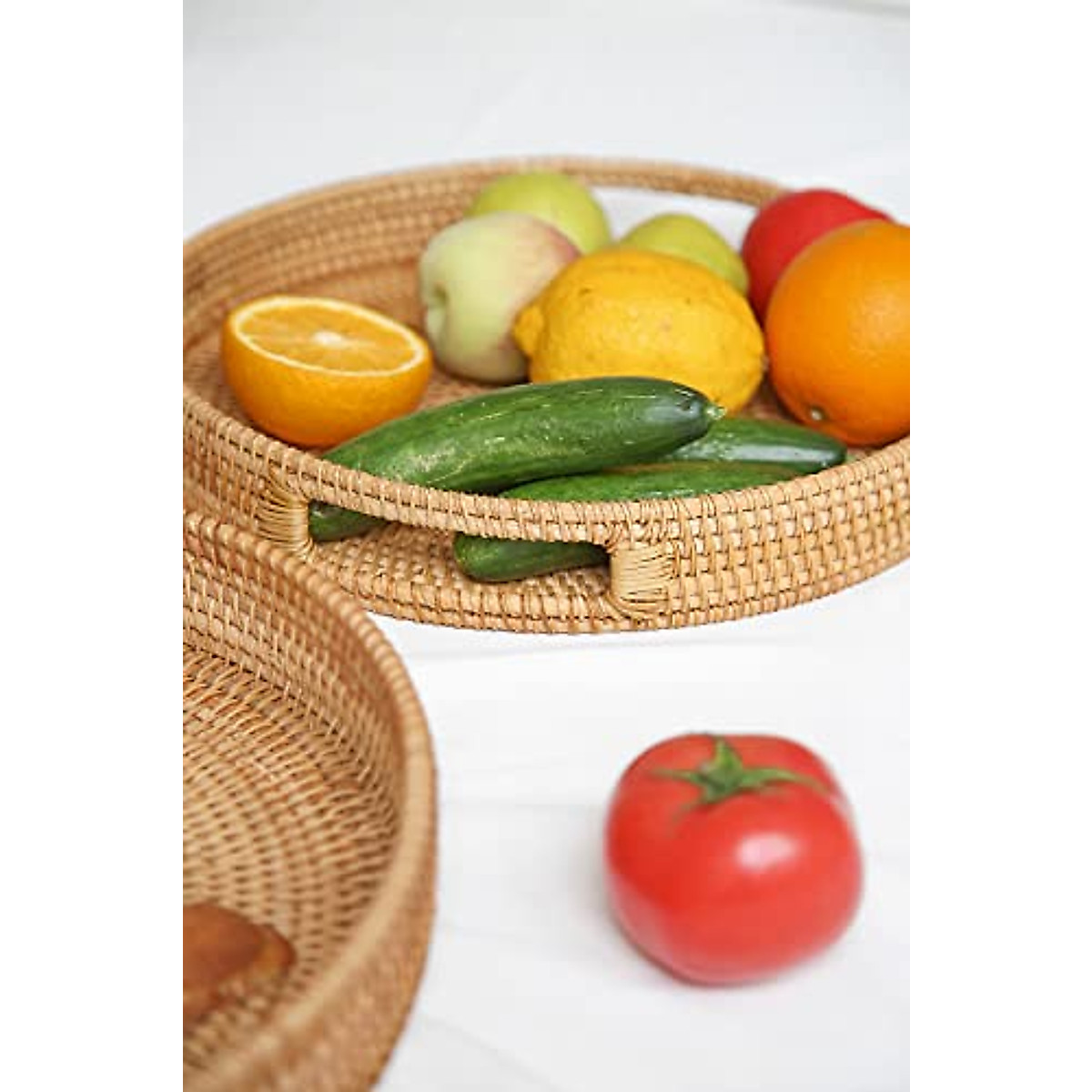 HITOMEN Hand-Woven Round Rattan Serving Tray Decorative Wicker Trays with Handles for Coffee Table