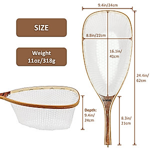 ONROCL Fly Fishing Net Trout Net with Magnetic Release and Rod Holder Wooden Frame Landing Net with Soft Rubber Mesh for Catch and Release (Clear Small Holes)