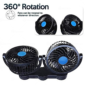 Car Cooling Air Fan 12V- Zone Tech 12V Dual Head Car Auto Electric Cooling Air Fan for Rear Seat - Powerful Quiet 2 Speed 360 Degree Rotatable 12V Ventilation Rear Seat with Kids Safe Design