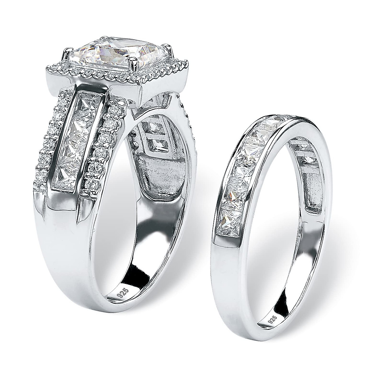 PalmBeach Platinum-plated Sterling Silver Princess Cut Cubic Zirconia Halo Bridal Ring Set Sizes 6-10 Size 7
