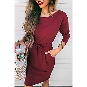 PRETTYGARDEN Women's Fashion Casual Long Sleeve Belted Party Bodycon Sheath Pencil Dress (Wine Red,X-Large)