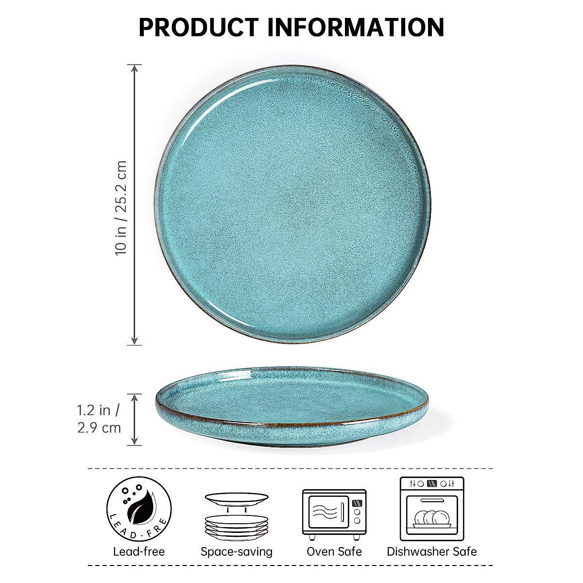 Henten Home Ceramic 10 inch Dinner Plates Set of 4 & 15 OZ Small Bowls Sets of 4 Oven, Microwave Dishwasher Safe