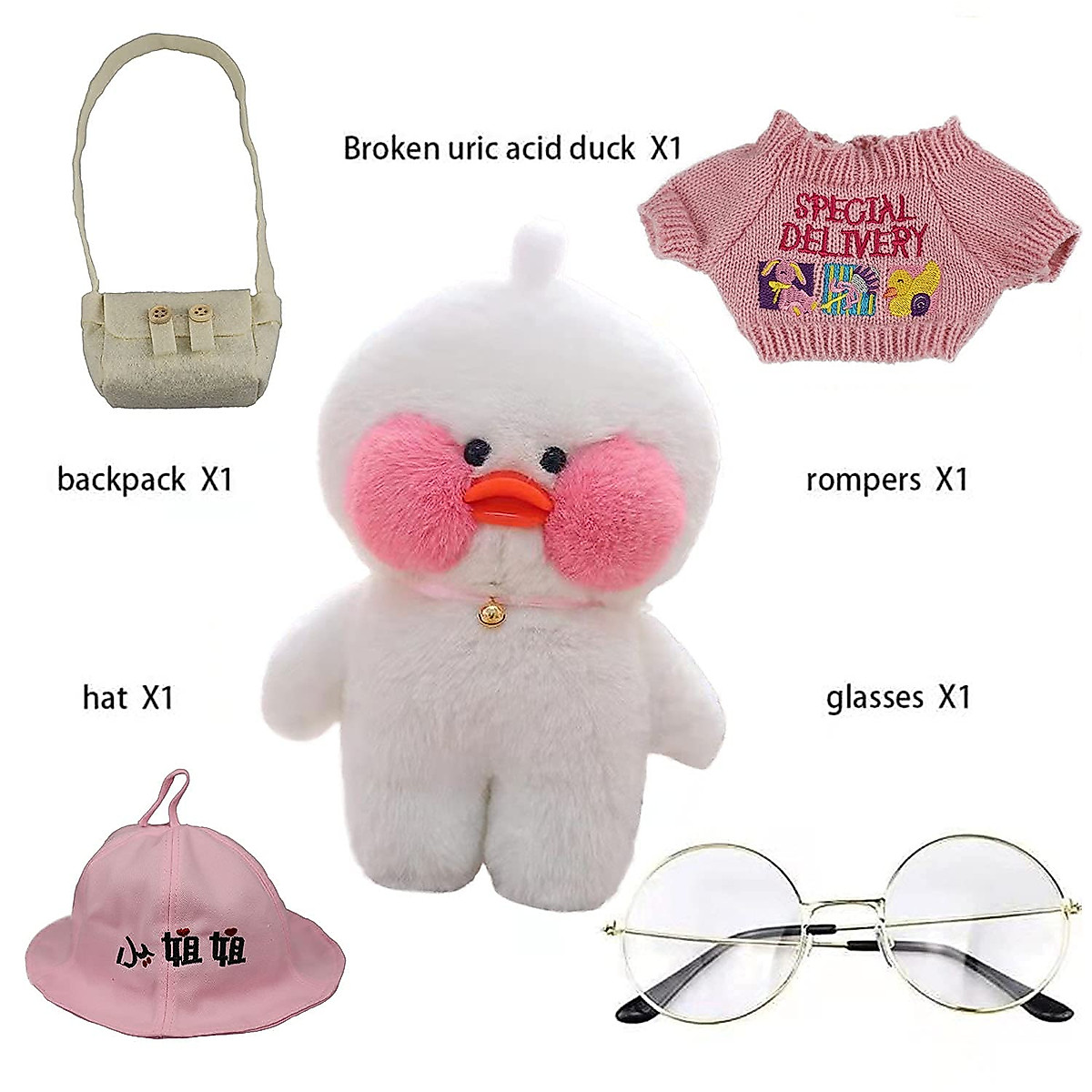 AKMRWJWC White Duck Stuffed Animal Toy Soft Plush Toy for Kids Girls DIY Hugglable Plush Stuffed Toy with Cute Pink Hat and Costume Best Gifts for Christmas (12inch/30cm)