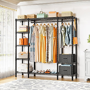 Ulif E6 Heavy-Duty Garment Rack, 5 Tiers Freestanding Clothes Rack with Fabric Drawers, Metal Clothing Wardrobe System Load 670 LBS, 58.6" W x 14.5" D x 71.6" H, Black