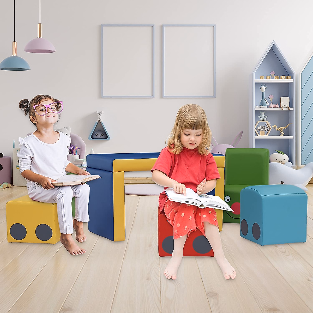 Kinsuite 5 Pcs Kids Sofa Set - Soft Foam Stool Colorful Cartoon Leather Chair for Classroom Daycares Kindergarten Nursery Train