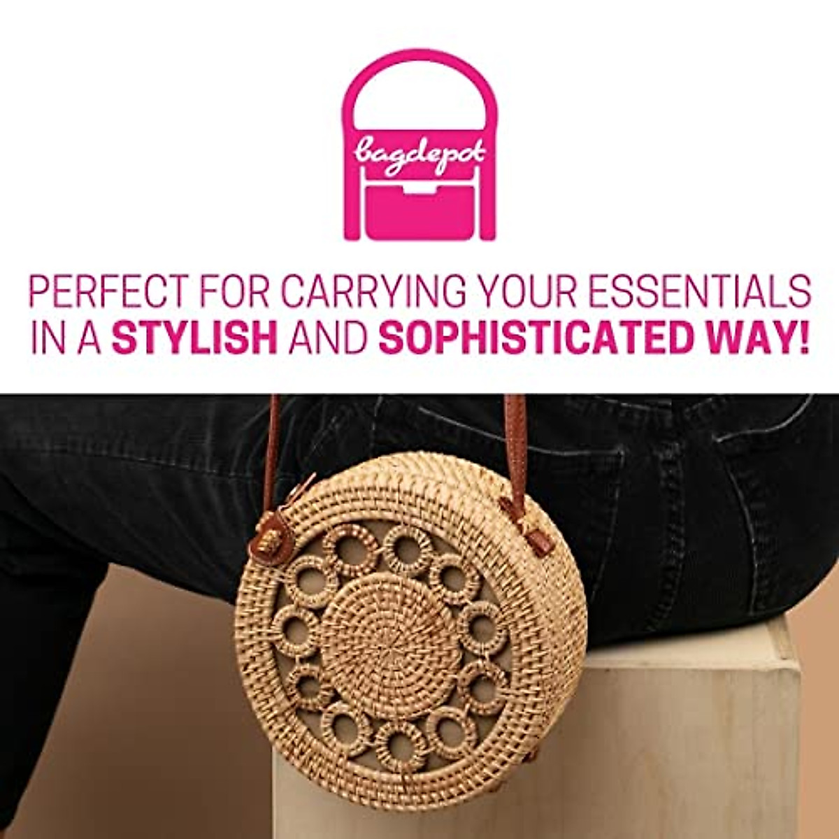 BAGDEPOT Round Rattan Bag With Shoulder Leather Strap. Made from Natural Rattan (Sunrise)
