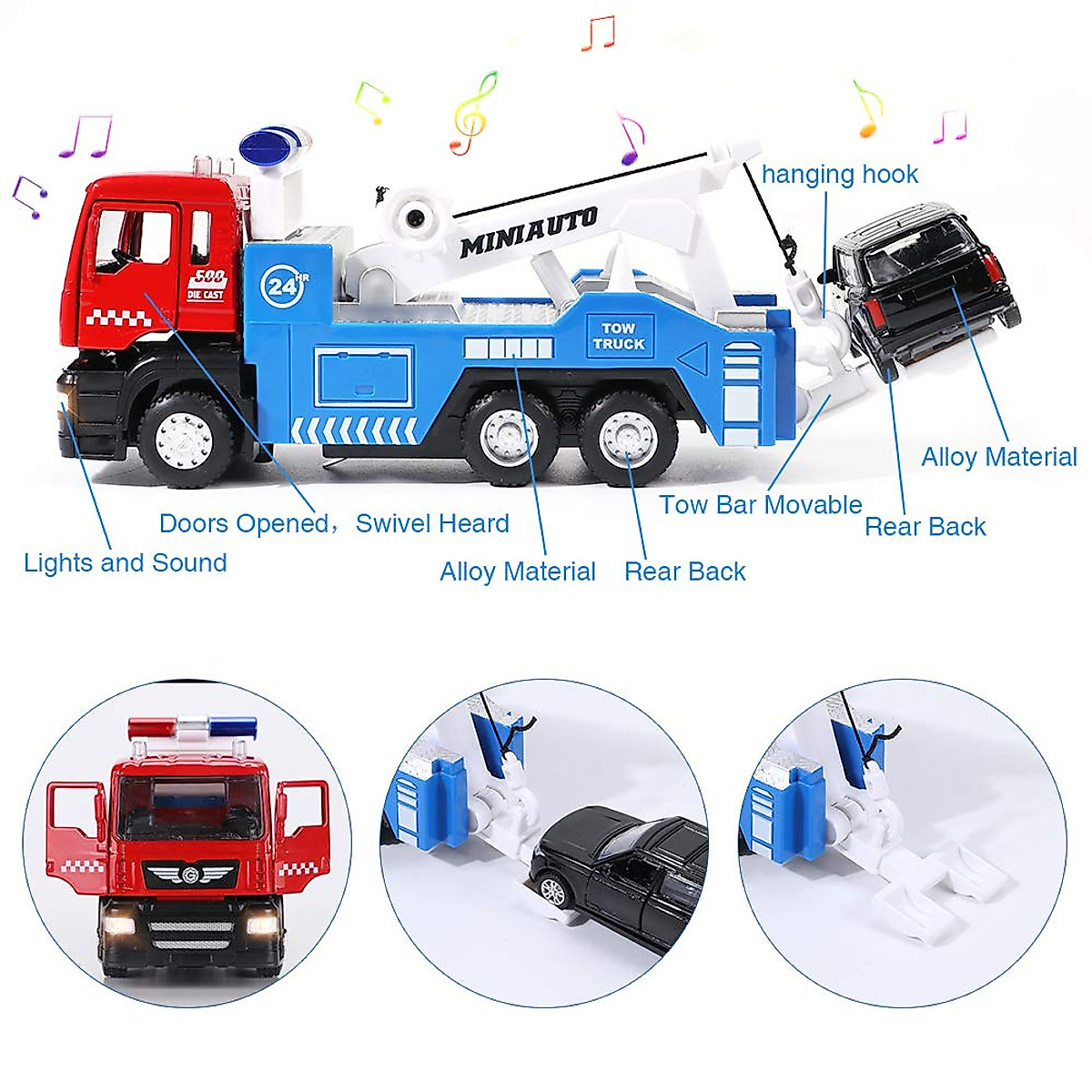 Winrayk 4Pcs Tow Truck Toys with Mini Toy Cars Set Pull Back Cars with Lights and Sound Trailer Transporter Vehicles Truck Toy, 1:50 Scale Metal Diecast Toy Trucks for Boys Girls 3 4 5 6 7 8 Years Old