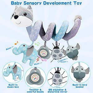 FPVERA Baby Spiral Plush Hanging Toys - Babies Spiral Activity Toy Spiral Hanging Rattle Sensory and Musical Plush Toys Car Seat Mobile Toy for Kids Infant Newborn 0-12 Months (Gray Fox)