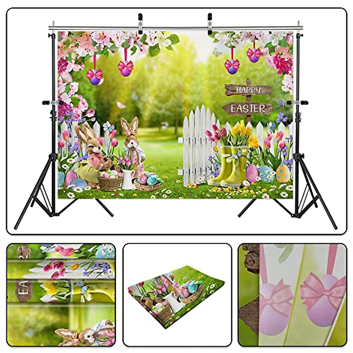 Easter Backdrop, Easter Bunny Photo Backdrops for Photography 7x5ft, Farmhouse Happy Easter Day Lily Tulips Back Drops Background for Pictures Spring Easter Party Decorations Banner Booth Props