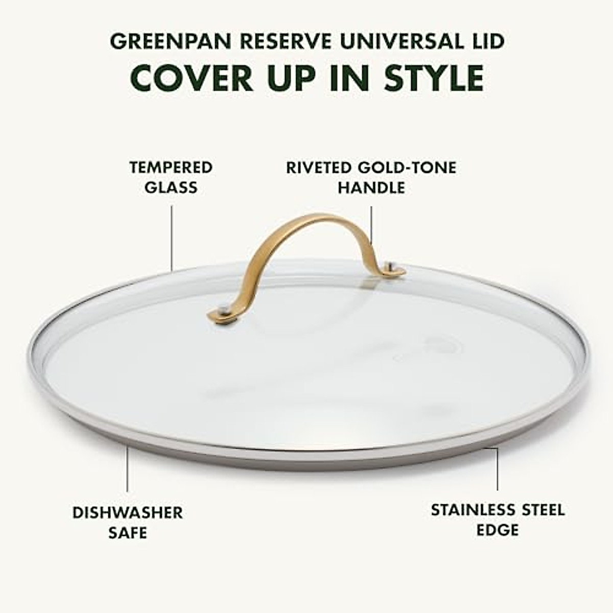 GreenPan Reserve 10" Tempered Glass Lid for Pots and Pans Cookware, Gold-Tone Handle with Matte Finish, Dishwasher and Oven Safe