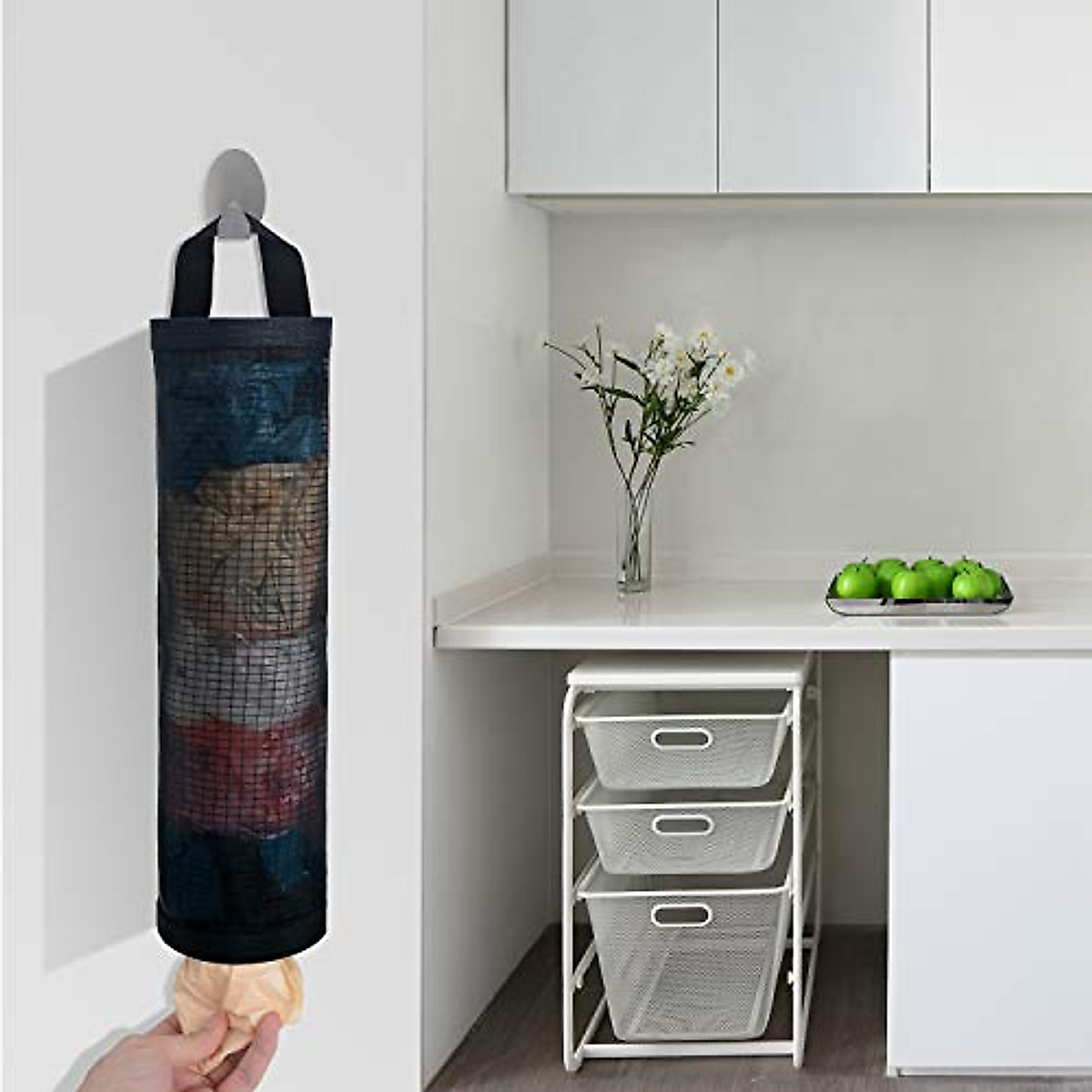 Mesh Garbage Bag Sulimy Plastic Bag Holder Dispensers 2pcs Folding Hanging Storage Bag Trash bags Holder Organizer Recycling Grocery Pocket Containers with 2 Hooks for Home and Kitchen Black